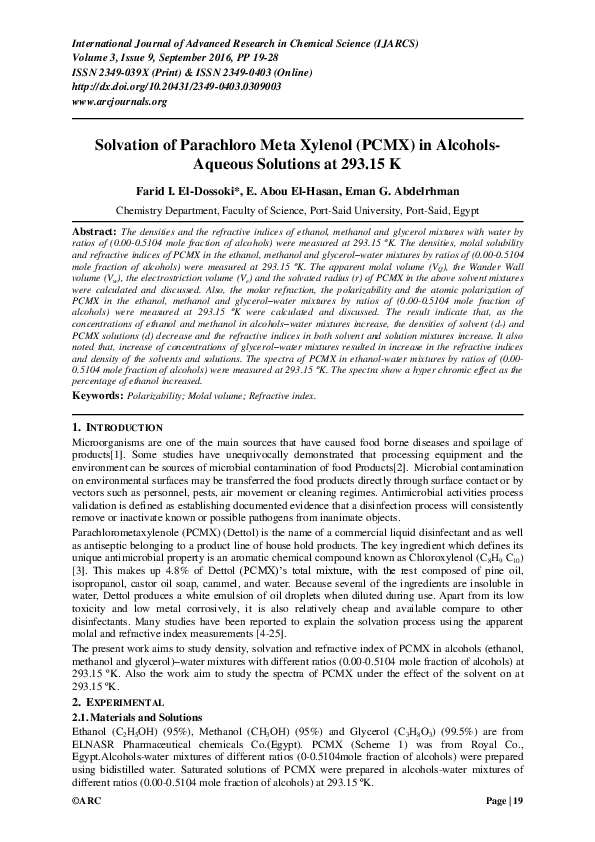 (PDF) Solvation of Parachloro Meta Xylenol (PCMX) in AlcoholsAqueous ...