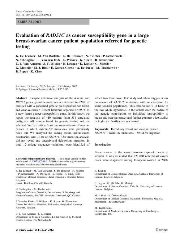 (PDF) Evaluation of RAD51C as cancer susceptibility gene in a large ...