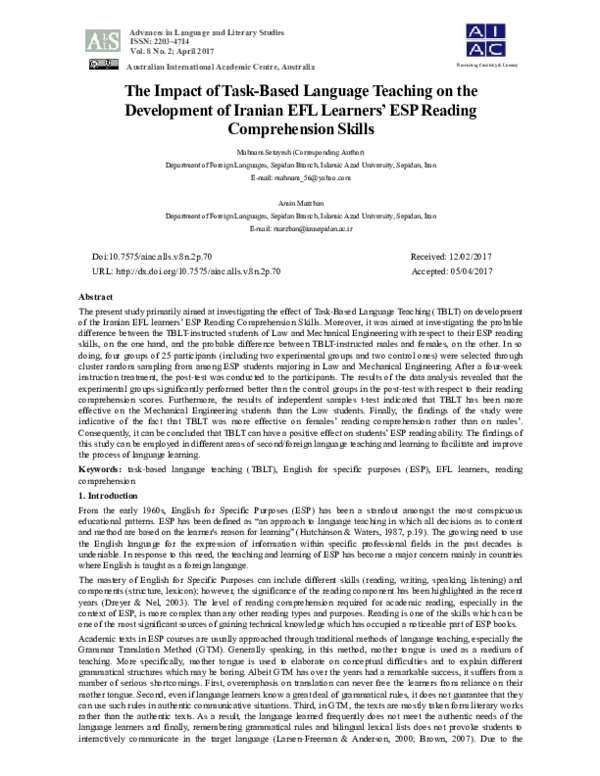 (PDF) The Impact of Task-Based Language Teaching on the Development of Iranian EFL Learners’ ESP ...