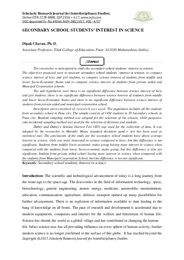 (PDF) Secondary School Students’ Interest in Science