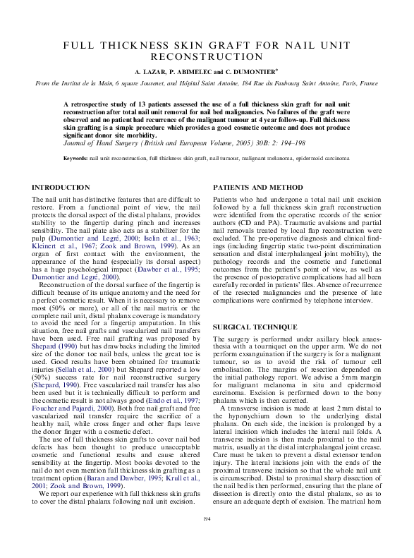 (PDF) Full Thickness Skin Graft for Nail unit Reconstruction