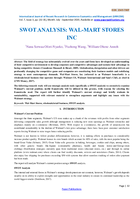 (PDF) Swot Analysis : Wal-Mart Stores Inc