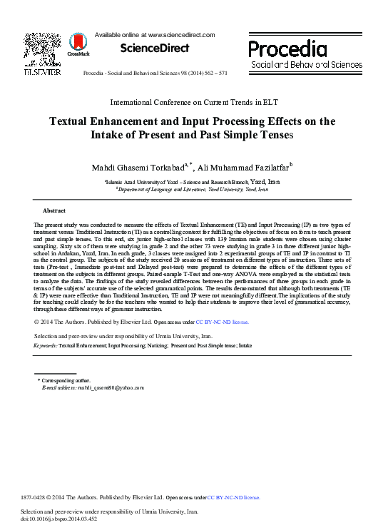 Pdf Textual Enhancement And Input Processing Effects On The Intake Of