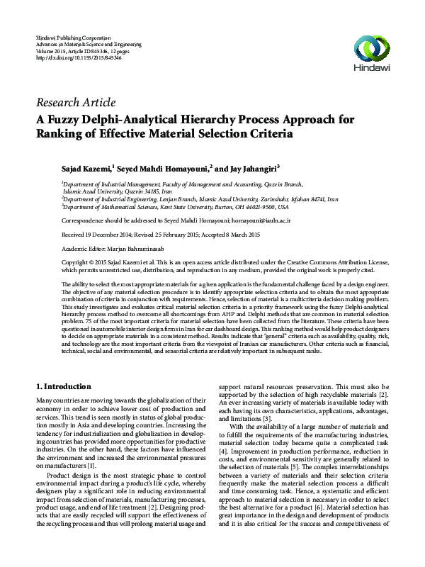 Pdf A Fuzzy Delphi Analytical Hierarchy Process Approach For Ranking Of Effective Material