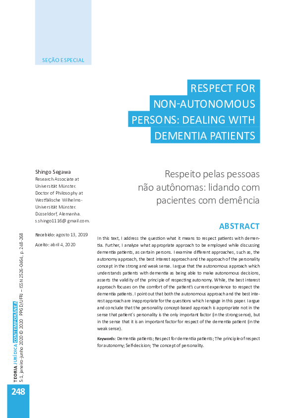 (PDF) Respect for non-autonomous persons: dealing with dementia patients