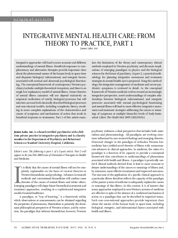 (PDF) Integrative mental health care: from theory to practice, part 1