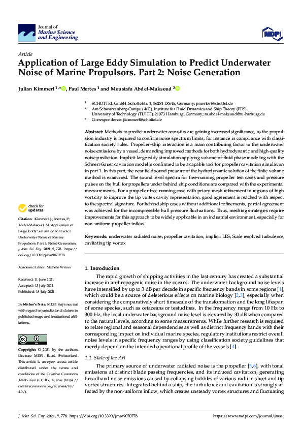 Pdf Application Of Large Eddy Simulation To Predict Underwater Noise