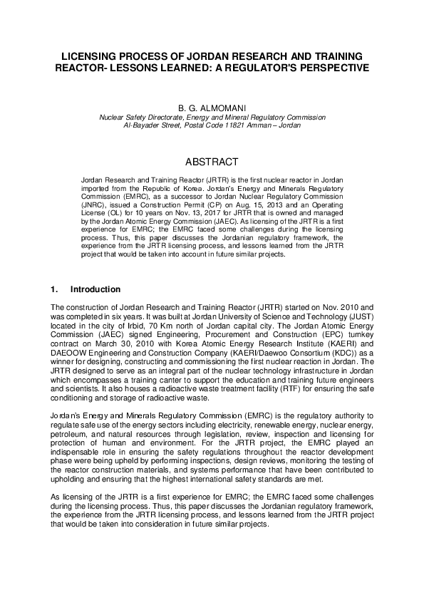 (PDF) Licensing Process of Jordan Research and Training Reactor-Lessons ...