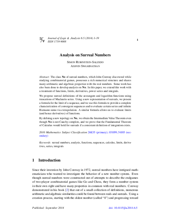 (PDF) Analysis on Surreal Numbers