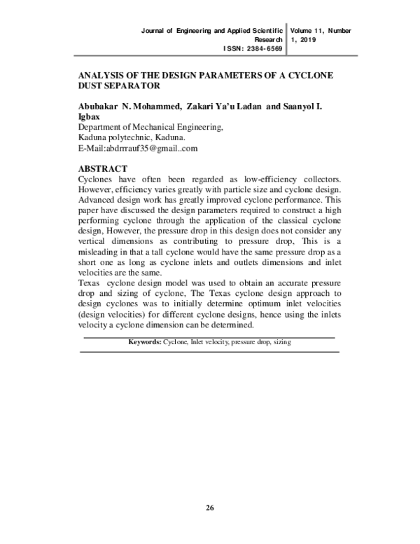 (PDF) ANALYSIS OF THE DESIGN PARAMETERS OF A CYCLONE DUST SEPARATOR