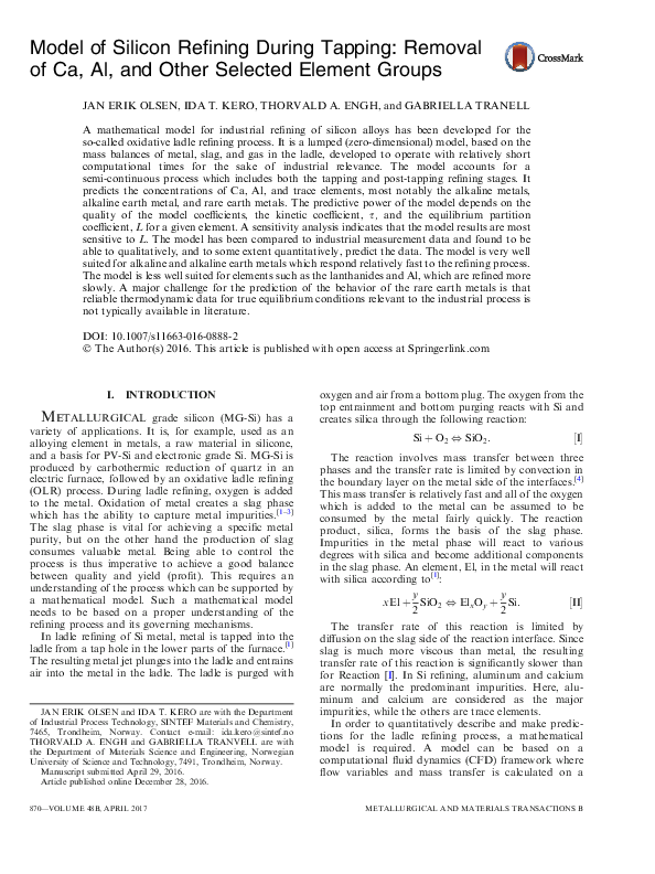 (PDF) Model of Silicon Refining During Tapping: Removal of Ca, Al, and ...