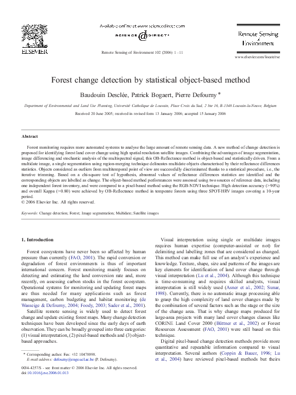 (PDF) change detection by statistical object-based method. Remote Sensing of Environment, v