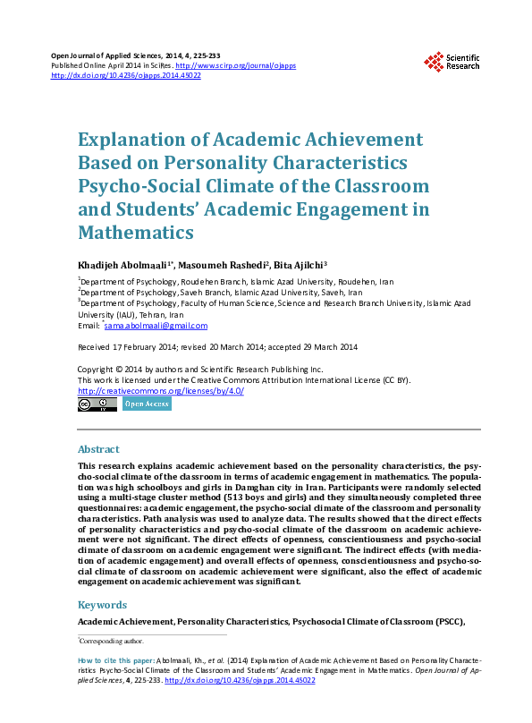 (PDF) Explanation of Academic Achievement Based on Personality ...
