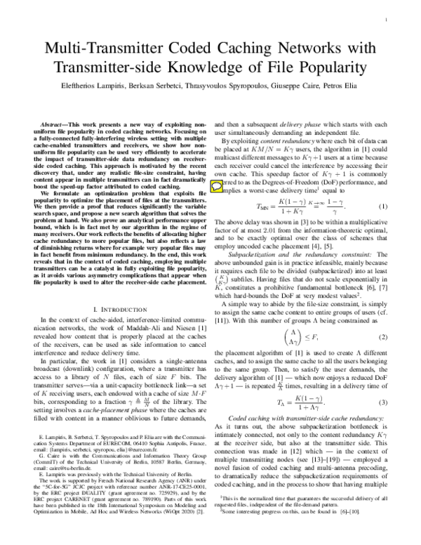 (PDF) Multi-Transmitter Coded Caching Networks with Transmitter-side Knowledge of File Popularity