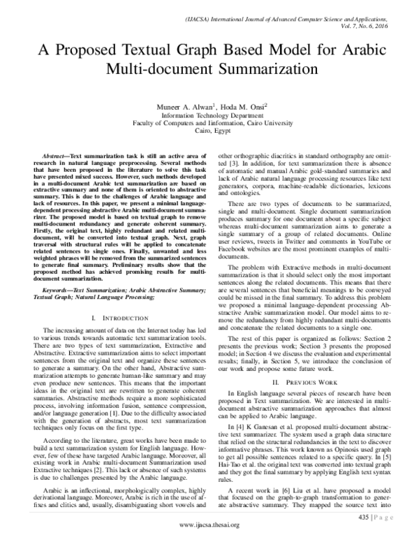 (PDF) A Proposed Textual Graph Based Model for Arabic Multi-document Summarization