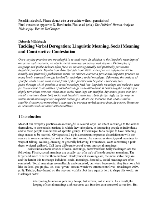 (DOC) Tackling Verbal Derogation: Linguistic Meaning, Social Meaning ...