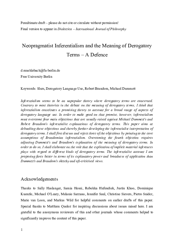 (DOC) Neopragmatist Inferentialism and the Meaning of Derogatory Terms ...