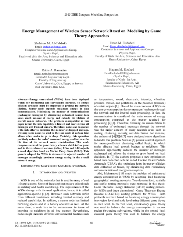 (PDF) Energy Management of Wireless Sensor Network Based on Modeling by Game Theory Approaches