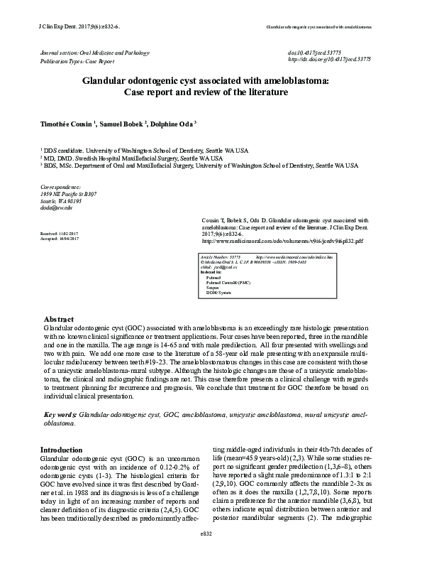 Pdf Glandular Odontogenic Cyst Associated With Ameloblastoma Case Report And Review Of The