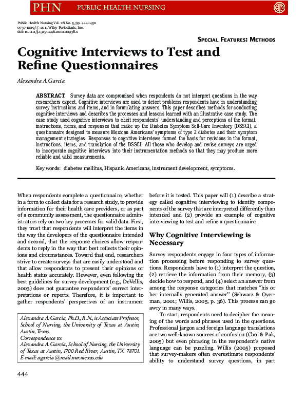 (PDF) Cognitive Interviews to Test and Refine Questionnaires