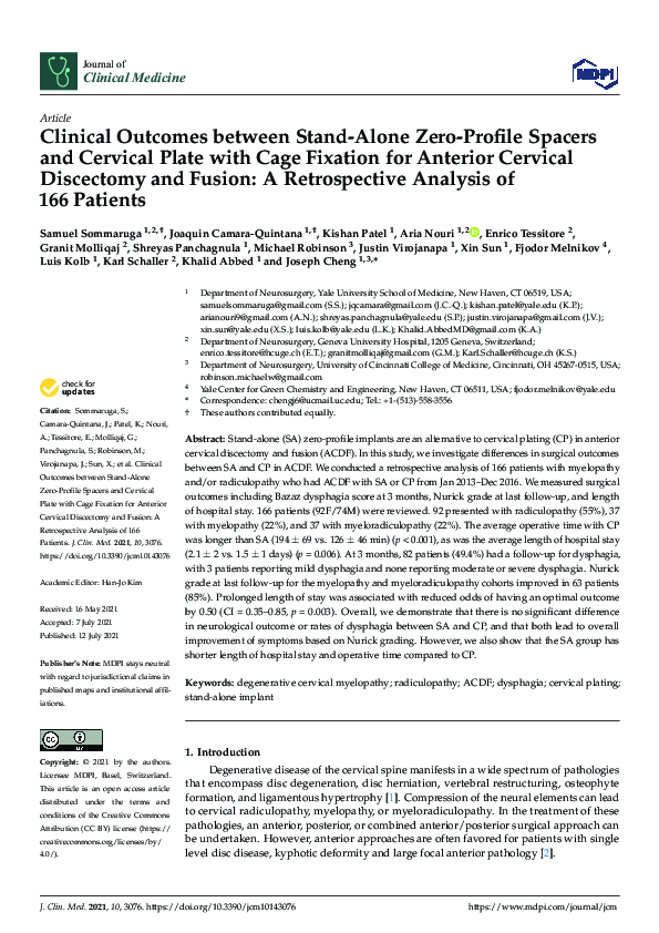 Clinical Outcomes between Stand-Alone Zero-Profile Spacers and Cervical ...