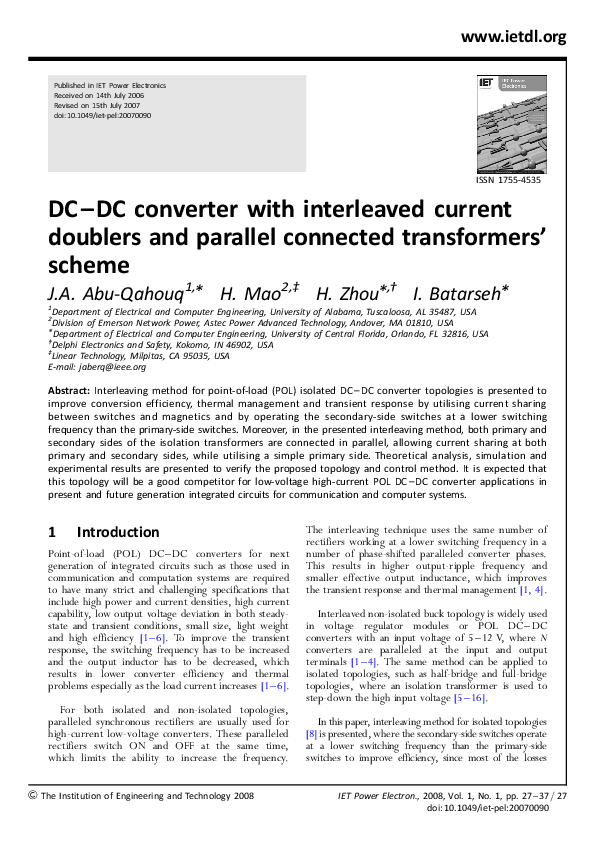 Pdf Dc Dc Converter With Interleaved Current Doublers And Parallel Connected Transformers Scheme