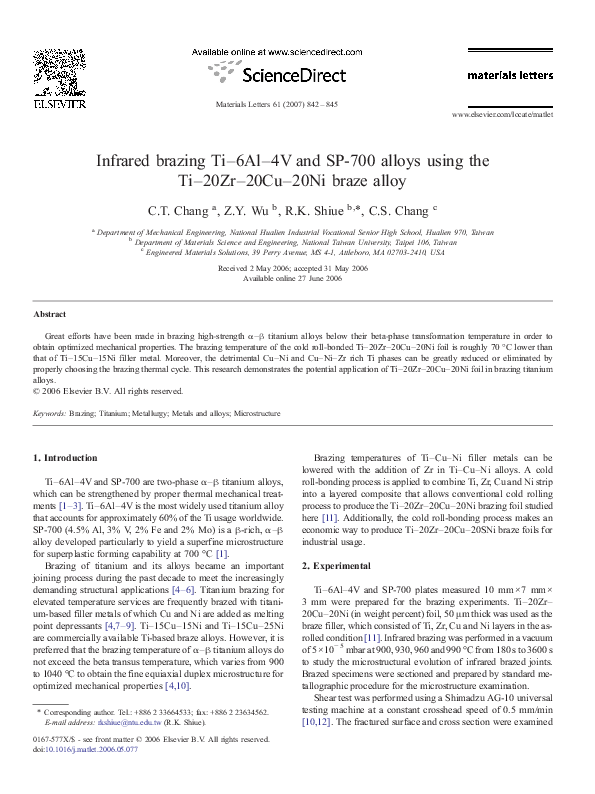 (PDF) Infrared brazing Ti–6Al–4V and SP-700 alloys using the Ti–20Zr ...