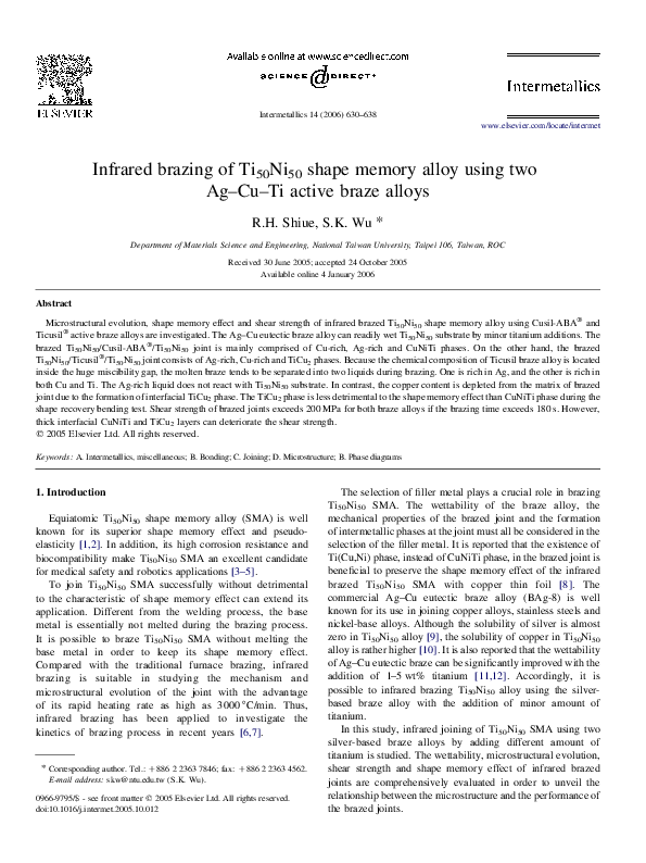 (PDF) Infrared brazing of Ti50Ni50 shape memory alloy using pure Cu and ...
