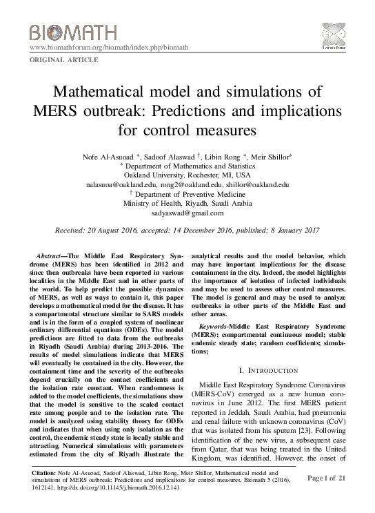 (PDF) Mathematical model and simulations of MERS outbreak: Predictions ...