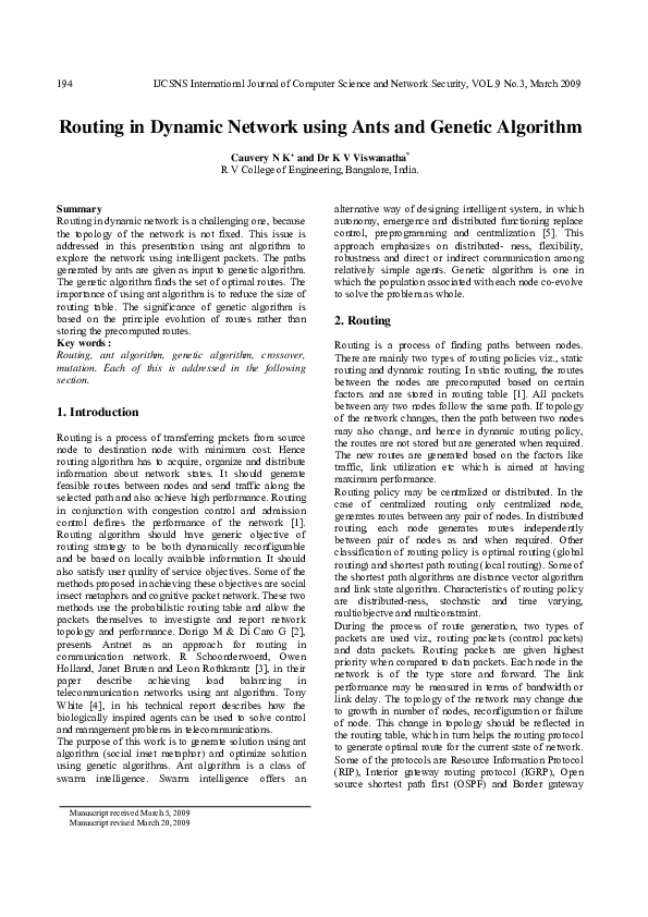 Pdf Routing In Dynamic Network Using Ants And Genetic Algorithm