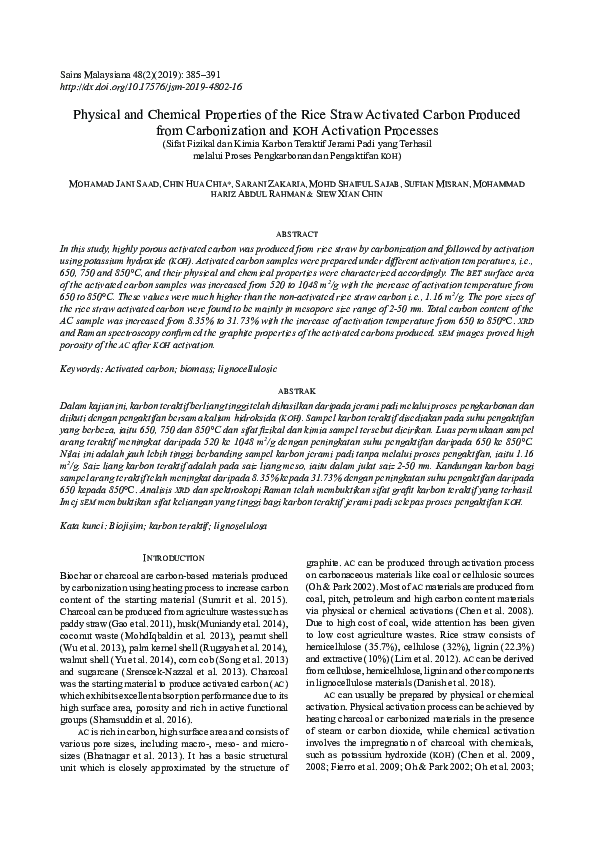 (PDF) Physical and Chemical Properties of the Rice Straw Activated Carbon Produced from ...