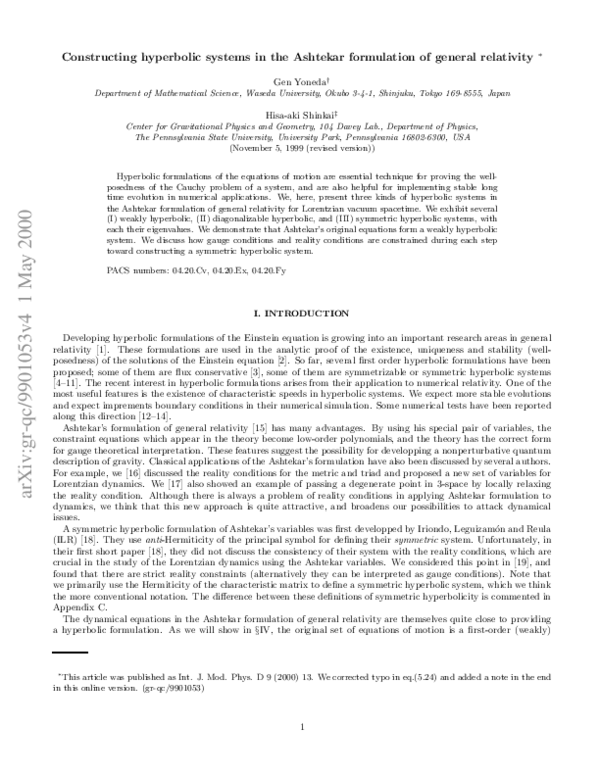 Pdf Constructing Hyperbolic Systems In The Ashtekar Formulation Of