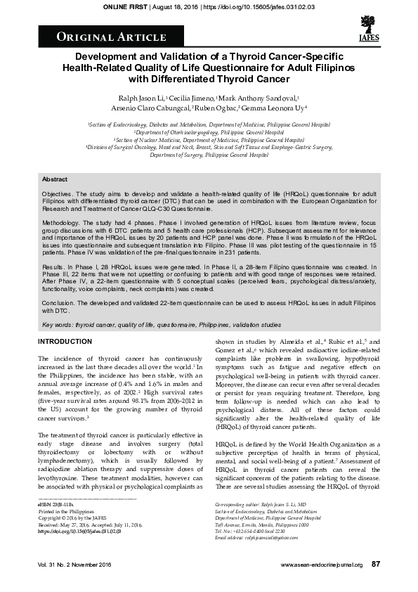 (PDF) Development and Validation of a Thyroid Cancer-Specific Health ...
