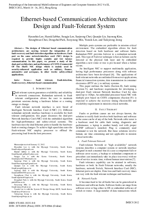(PDF) Ethernet-based Communication Architecture Design and Fault-Tolerant System