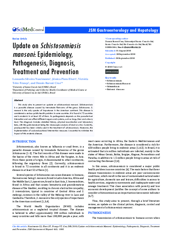 (PDF) Update on Schistosomiasis mansoni : Epidemiology , Pathogenesis ...