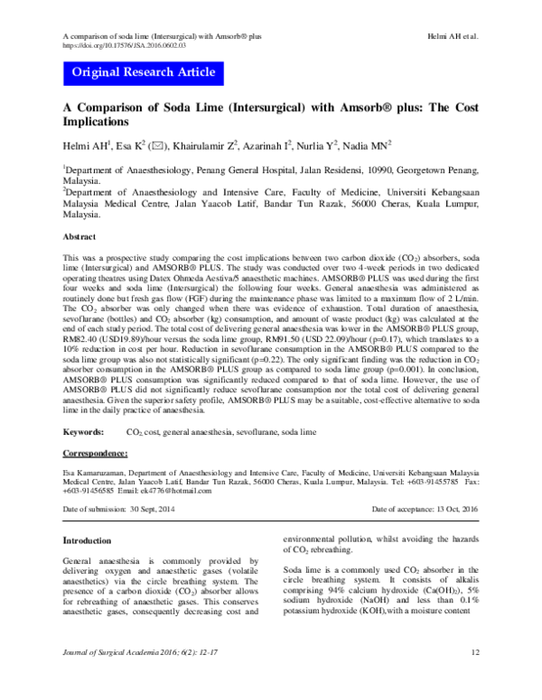 (PDF) A Comparison of Soda Lime (Intersurgical) with Amsorb® plus: The ...