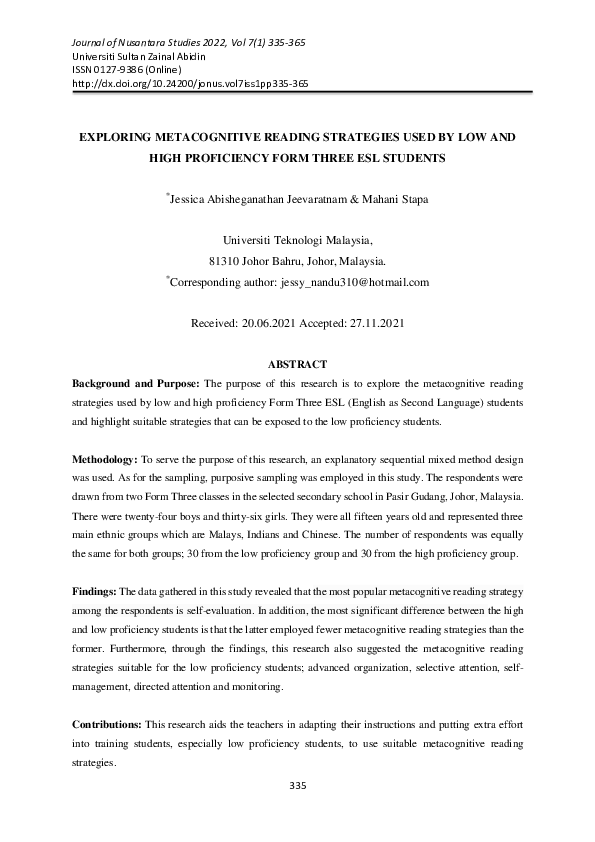 (PDF) Exploring Metacognitive Reading Strategies Used by Low and High Proficiency Form Three Esl ...