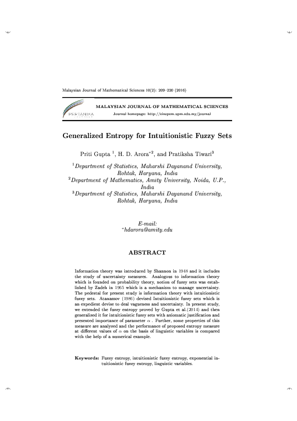 (PDF) Generalized Entropy for Intuitionistic Fuzzy Sets