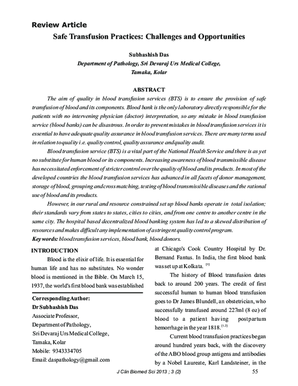 (PDF) Safe Transfusion Practices: Challenges and Opportunities