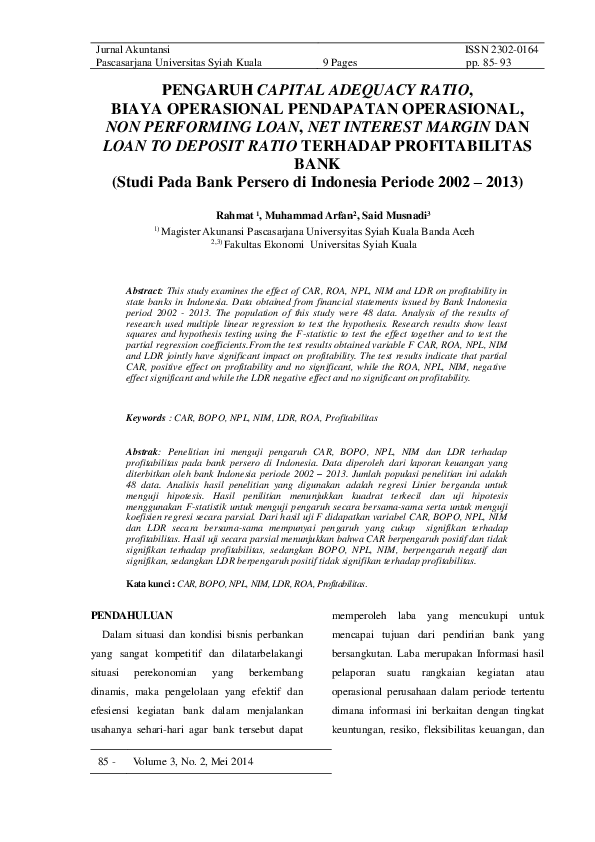 (PDF) PENGARUH CAPITAL ADEQUACY RATIO, BIAYA OPERASIONAL PER PENDAPATAN OPERASIONAL, NON ...
