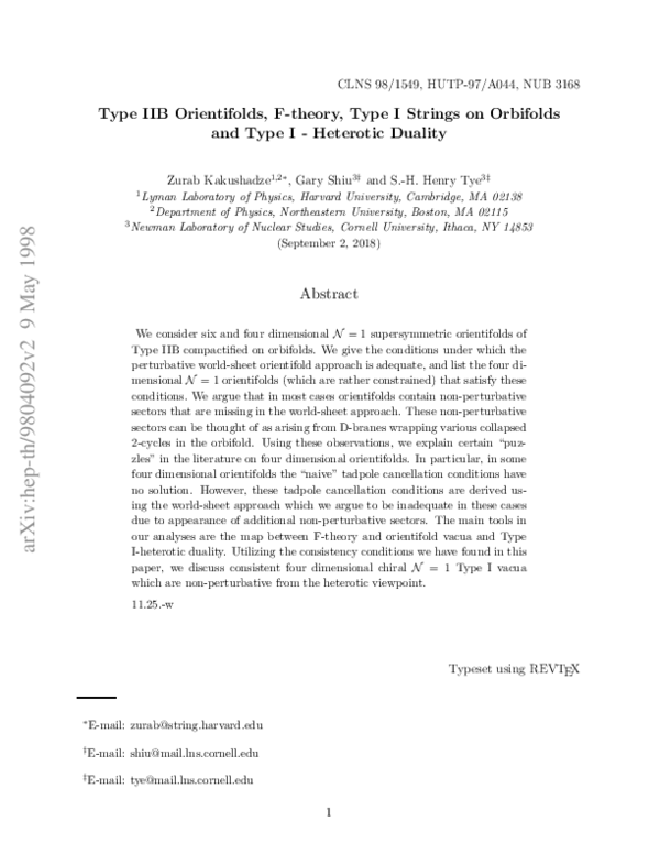(PDF) Type IIB orientifolds, F-theory, Type I strings on orbifolds and Type I-heterotic duality
