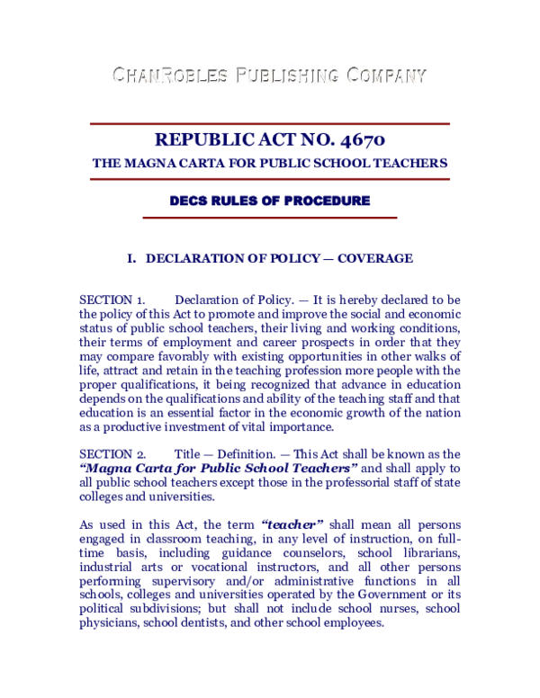 (PDF) REPUBLIC ACT NO. 4670 THE MAGNA CARTA FOR PUBLIC SCHOOL TEACHERS DECS RULES OF PROCEDURE