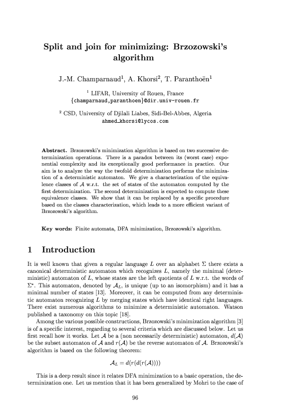 (PDF) Split and join for minimizing: Brzozowski's algorithm