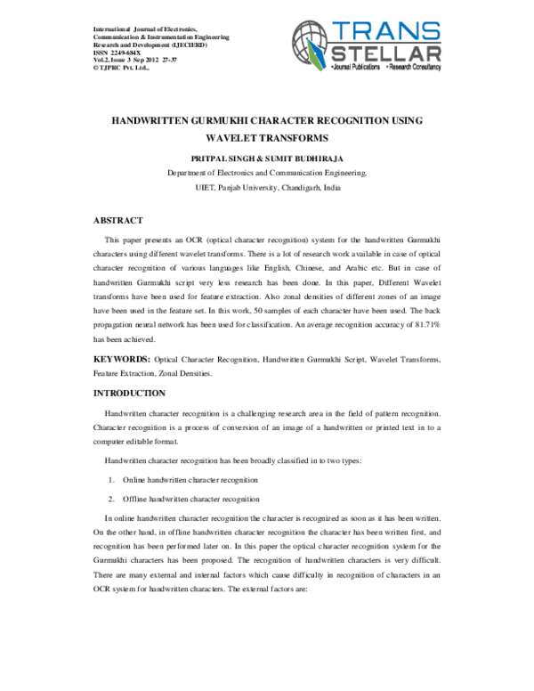 Pdf Handwritten Gurmukhi Character Recognition Using Wavelet Transforms