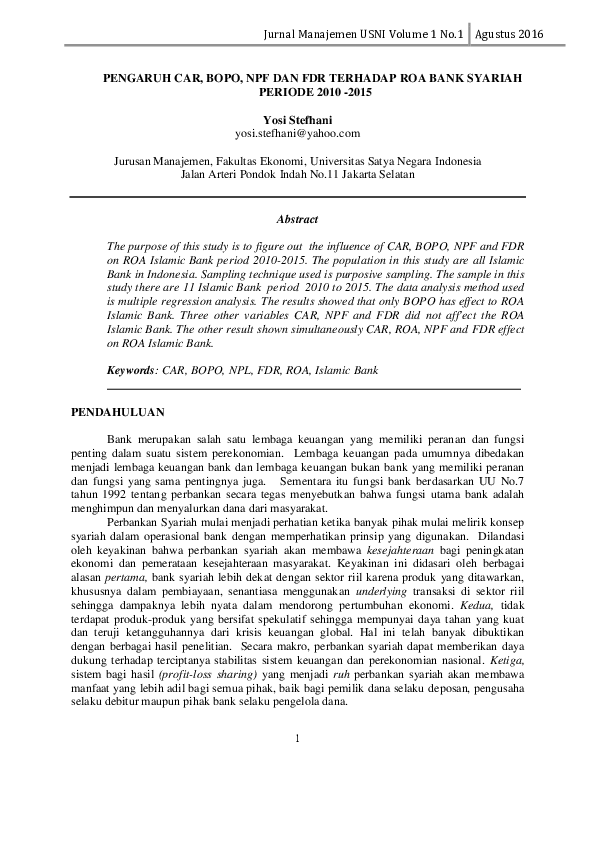 (PDF) Pengaruh Car, Bopo, NPF Dan FDR Terhadap Roa Bank Syariah Periode 2010 -2015
