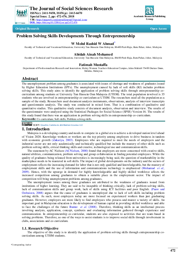 (PDF) Problem Solving Skills Developments Through Entrepreneurship