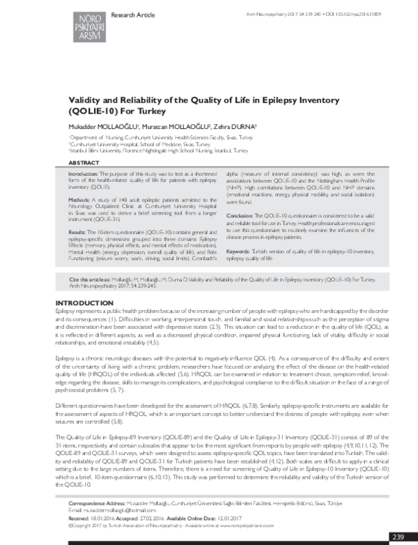 (PDF) Validity and Reliability of the Quality of Life in Epilepsy Inventory (QOLIE-10) for Turkey