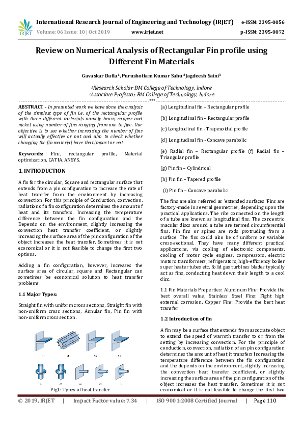 Pdf Review On Numerical Analysis Of Rectangular Fin Profile Using Different Fin Materials