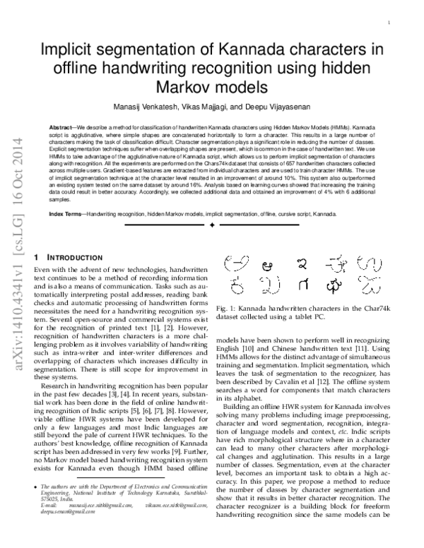 (PDF) Implicit segmentation of Kannada characters in offline handwriting recognition using ...