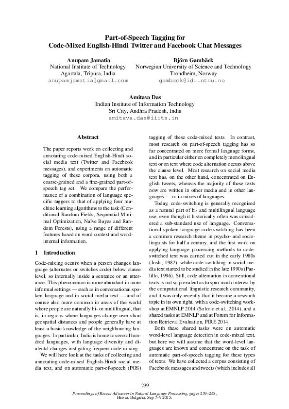 (PDF) Part-of-Speech Tagging for Code-Mixed English-Hindi Twitter and ...